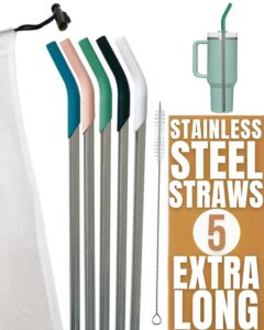 purifyou 14.5 inch stainless steel straws with platinum silicone tips, for stanley and other 40 oz tumbler, extra long & wide set of 5 reusable drinking metal straw with portable case & cleaning brush