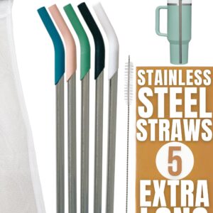 purifyou 14.5 inch Stainless Steel Straws With Platinum Silicone Tips, For Stanley and other 40 oz Tumbler, Extra Long & Wide Set of 5 Reusable Drinking Metal Straw with Portable Case & Cleaning Brush