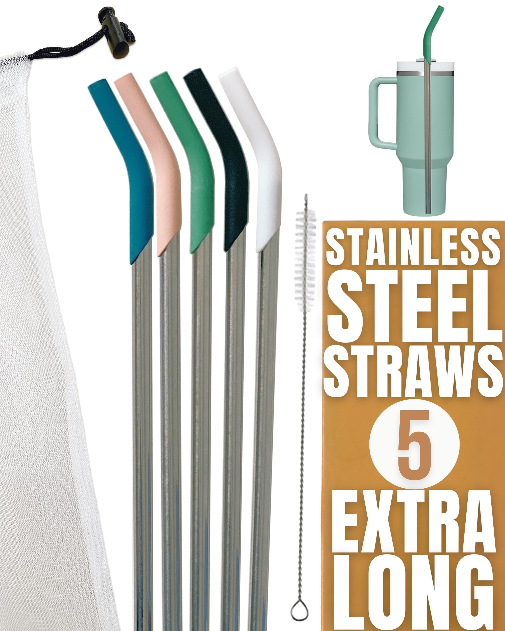 purifyou 14.5 inch Stainless Steel Straws With Platinum Silicone Tips, For Stanley and other 40 oz Tumbler, Extra Long & Wide Set of 5 Reusable Drinking Metal Straw with Portable Case & Cleaning Brush