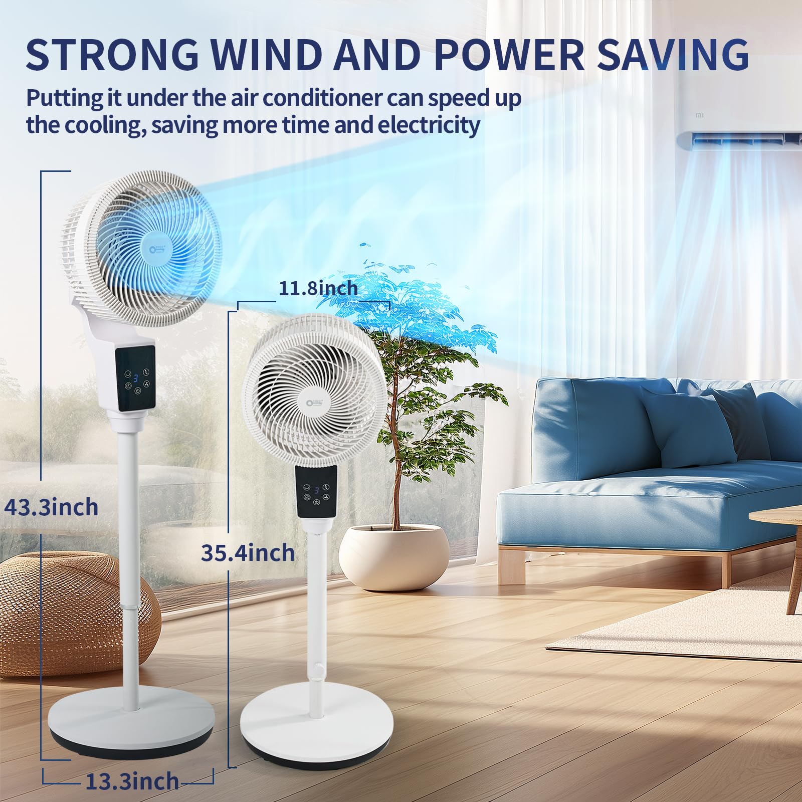 QTREE intelligence Oscillating Pedestal Fan, 360° Air Circulator Fan, 43.3inch Adjustable Height 11.8'' Standing Fan, Timer, 3 Modes, Smart Remote Control for Home, Office, Kidroom,Living Room