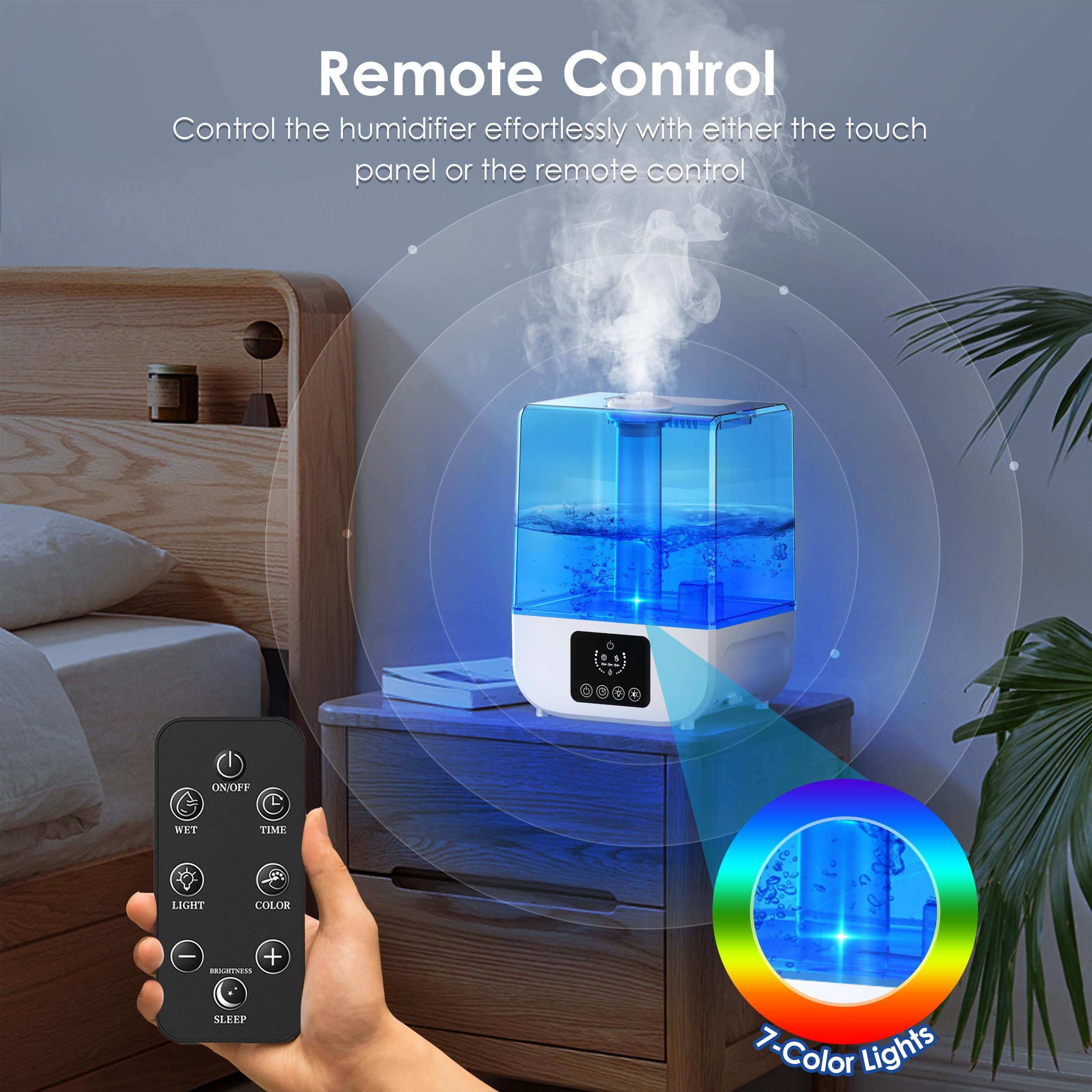 Humidifiers for Bedroom, 5L Cool Mist Humidifier Large Room, Up to 50 Hours, Ultra Quiet Under 30 dB, 7 Color Light, Timer, Essential Oil Diffuser, Top Fill Air Humidifiers for Baby, Plants