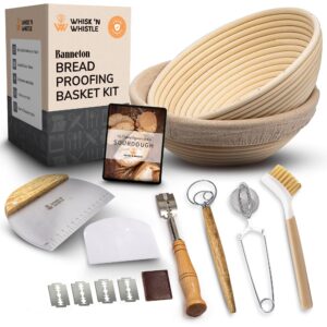 banneton bread proofing basket set - 2x round 9 inch baskets sourdough bread baking supplies sour dough scoring tool - proofing bowls for sourdough bread making tools