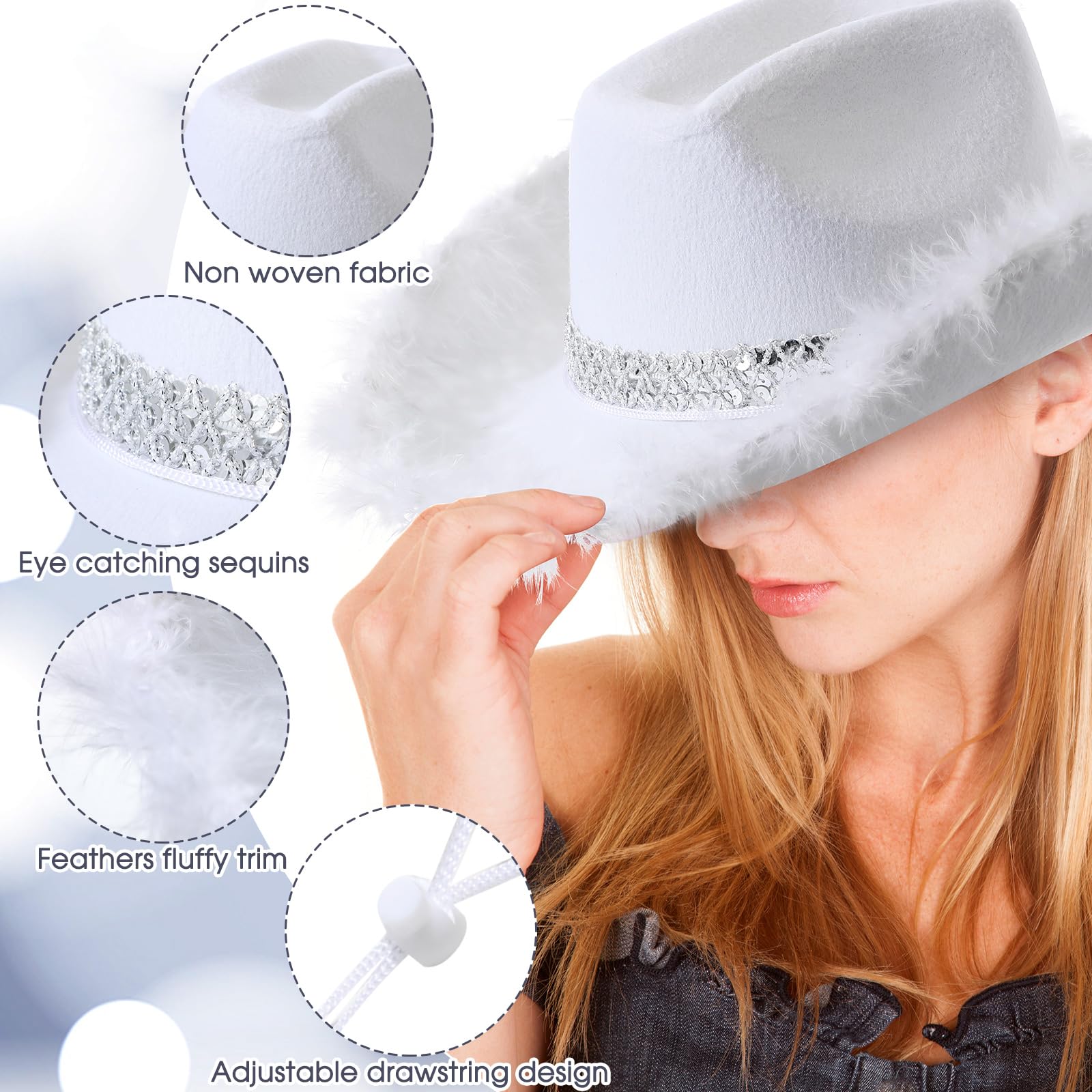 Unittype 12 Pcs Feather Sequin Cowgirl Hat for Women Party Birthday Halloween Western Costume Role Playing (White)