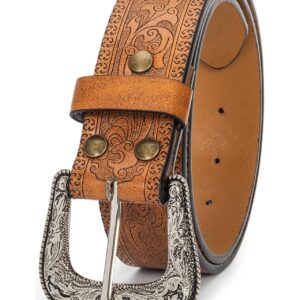 NociHah Retro-Western-Leather-Belts for Women and Men - Fashion Cowgirl Cowboy Waist-Belt Engrave Flower Buckle-Belt for Jeans Pants Dresses (Waist for 29"-39")