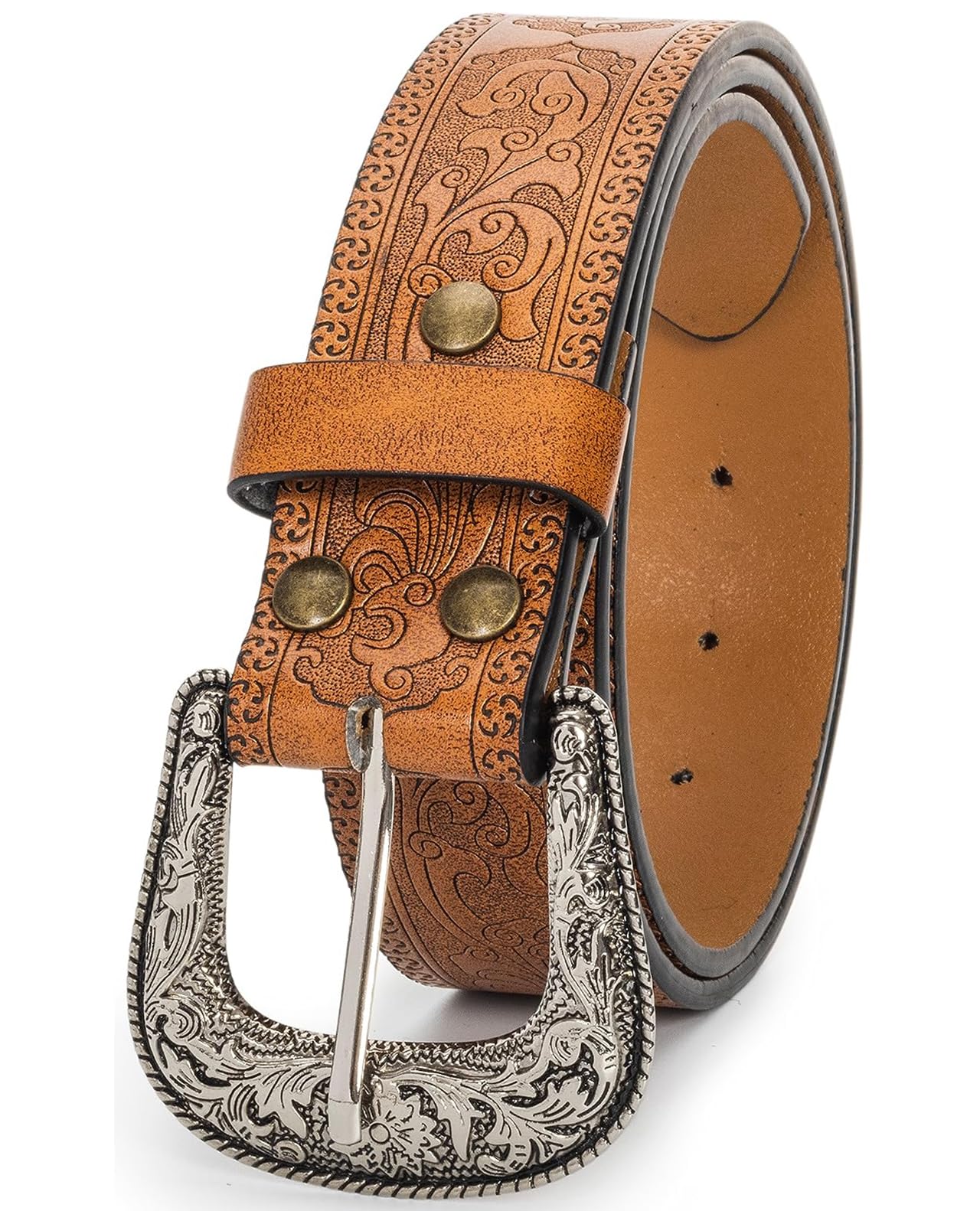 NociHah Retro-Western-Leather-Belts for Women and Men - Fashion Cowgirl Cowboy Waist-Belt Engrave Flower Buckle-Belt for Jeans Pants Dresses (Waist for 29"-39")