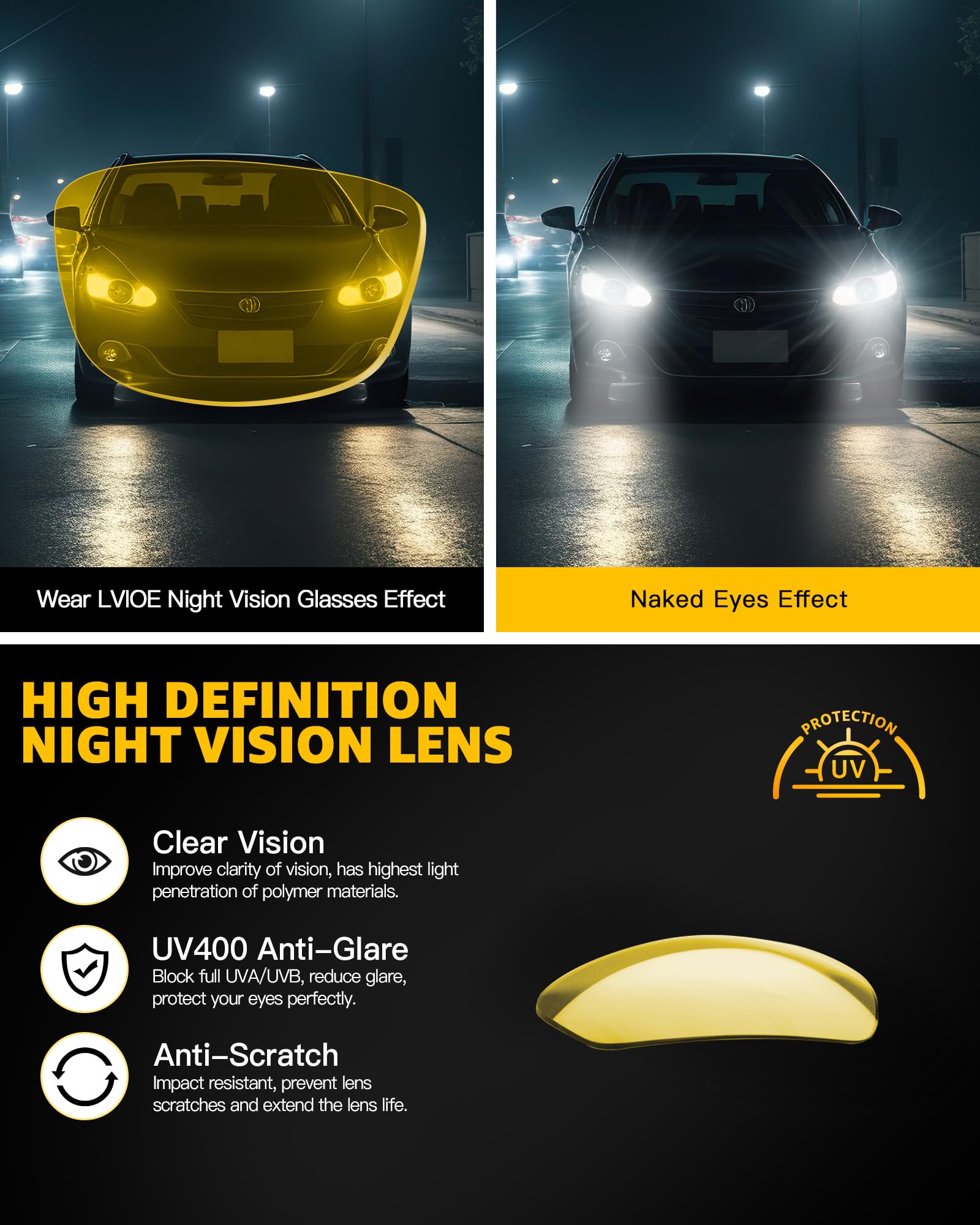 LVIOE Night Vision Pro Driving Glasses for Women Oval Anti Glare Polarized Astigmatism Yellow Glasses for Night Driving N010