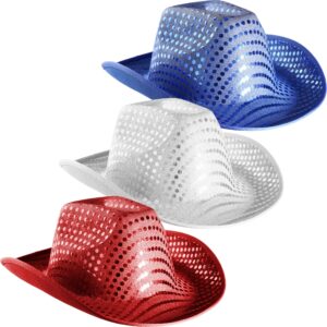 laurel & nash - election decorations - usa cowboy hat set of 3 (red, white/silver, blue) - american flag cowboy hats for men - bedazzled cowboy hat - patriotic decorations- cowgirl hat sparkly