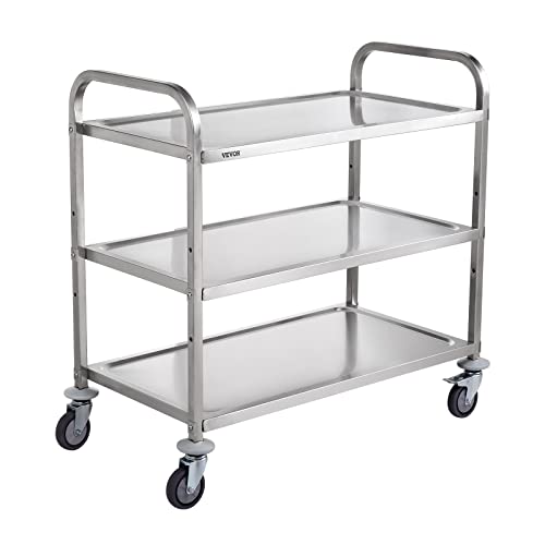 VEVOR Kitchen Utility Cart, 37.5"x19.7"x37.7" 3 Tiers Wire Rolling Cart, 450LBS Capacity Steel Service Cart with Brake Wheels, Storage Trolley with 80mm Basket PP Liner 6 Hooks, Indoor & Outdoor Use