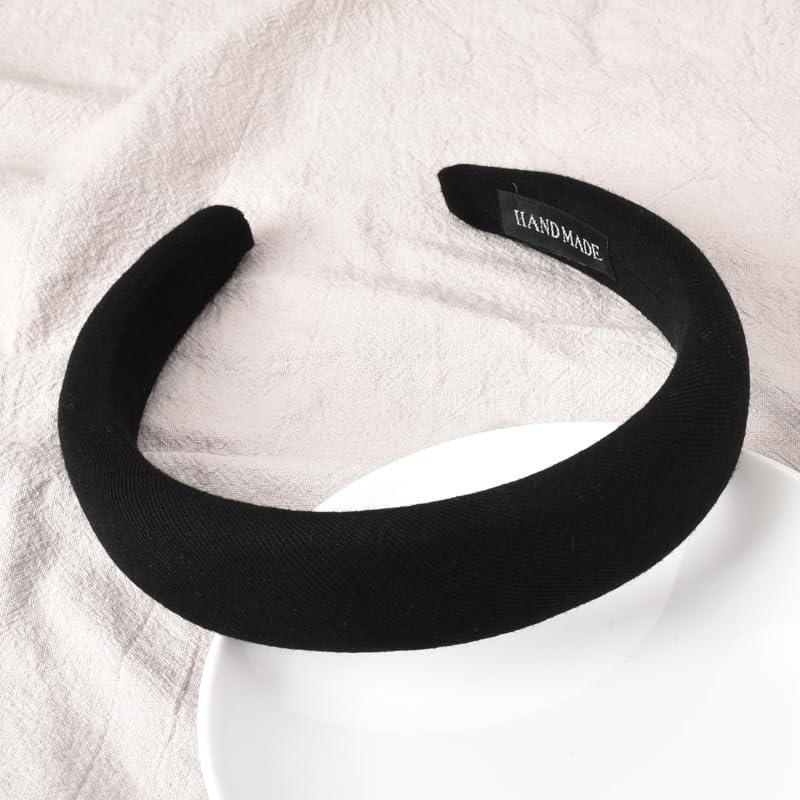 Black Padded Headband for Women - Wide, Simple, Soft Satin Hair Hoop for Girls and Teens, No Teeth Thick Head Accessory