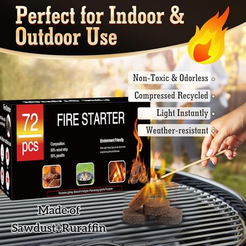 Fire Starter - 72 PCS Natural Charcoal Fire Starters for Campfires, Camping, BBQ, Fire Pit Starter & BBQ Starter - Wood Fireplace Starter for Grill