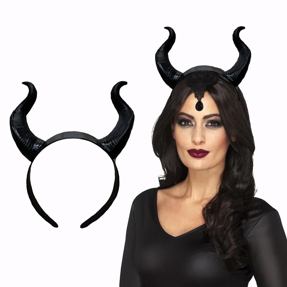 Furimuk Devil Horns Headband Black Cosplay Horn Hair Hoop Gothic Beauty Halloween Dress Up Hair Accessories Hairdress for Halloween Party Costume Hair Accessory (Black)