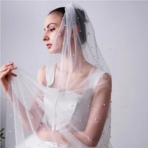 HONGMEI Pearl Bride Wedding Veil Bridal Tulle Veils Hair Accessories 1 Tier Fingertip Length Bridal Veils with Comb