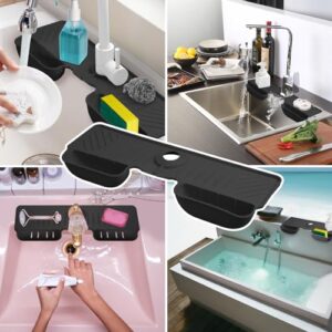 Silicone Faucet Splash Guard Mat, Faucet Water Catcher Mat Silicone Sink Mat Tray Drying Mat, Dish Sponge Holder, Home Kitchen Sink Accessory Gadgets Organizer-Black