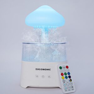 rain cloud humidifier water drip, 2x cool mist rate ultrasonic aromatherapy diffuser by ergonomc: remote controlled, 7 color night light, 450ml, auto shut off, mushroom humidifier, 1yr warranty