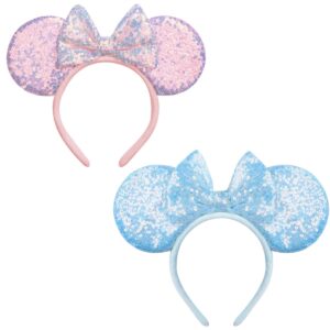 mouse ears headband,2pcs sequin headband glitter hairband for baby shower headwear halloween theme party decorations (pink&blue)