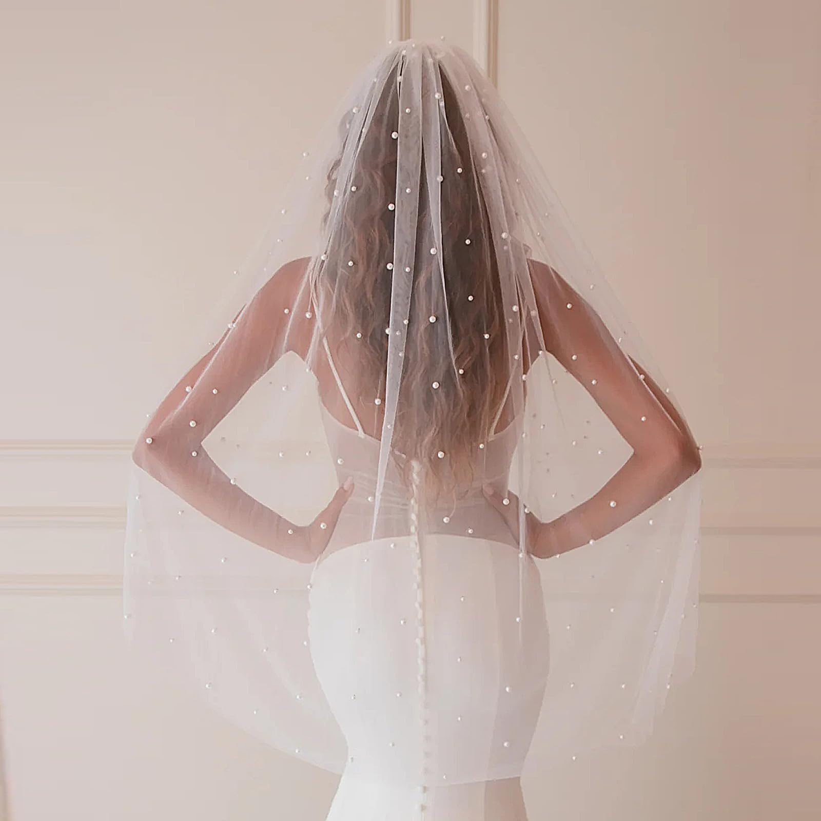 HONGMEI Pearl Bride Wedding Veil Bridal Tulle Veils Hair Accessories 1 Tier Fingertip Length Bridal Veils with Comb