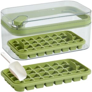 gohole ice cube trays for freezer with lid and bin, 64 ice cubes, 2 trays, container, lid & ice scoop (green)