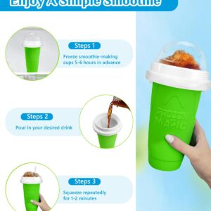 Slushy Maker Cup, DIY Magic Slushy Maker Squeeze Cup, Portable Smoothie Squeeze Cup for Juices, Milk and Ice Cream Make, Double Layers Silica Cup with Lid & Straw for Kids, Friends, Family (Green)1