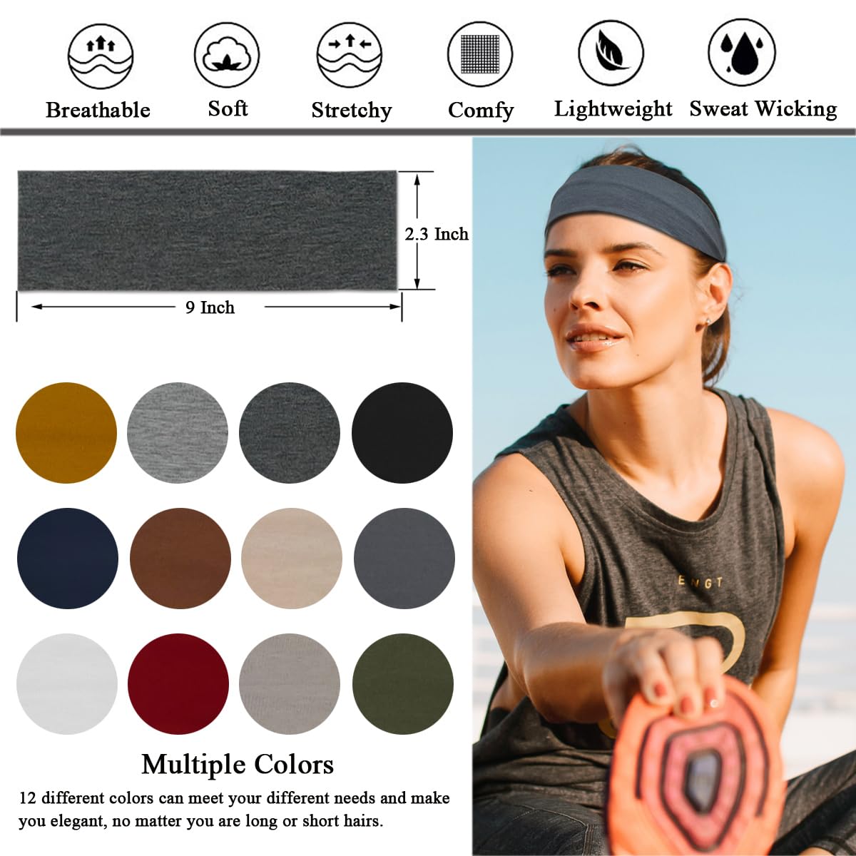 Sefiinh Headbands For Women Sweat Headband Yoga Elastic Head Bands Women's Hair Band Workout Hairbands Accessories 12 Pack