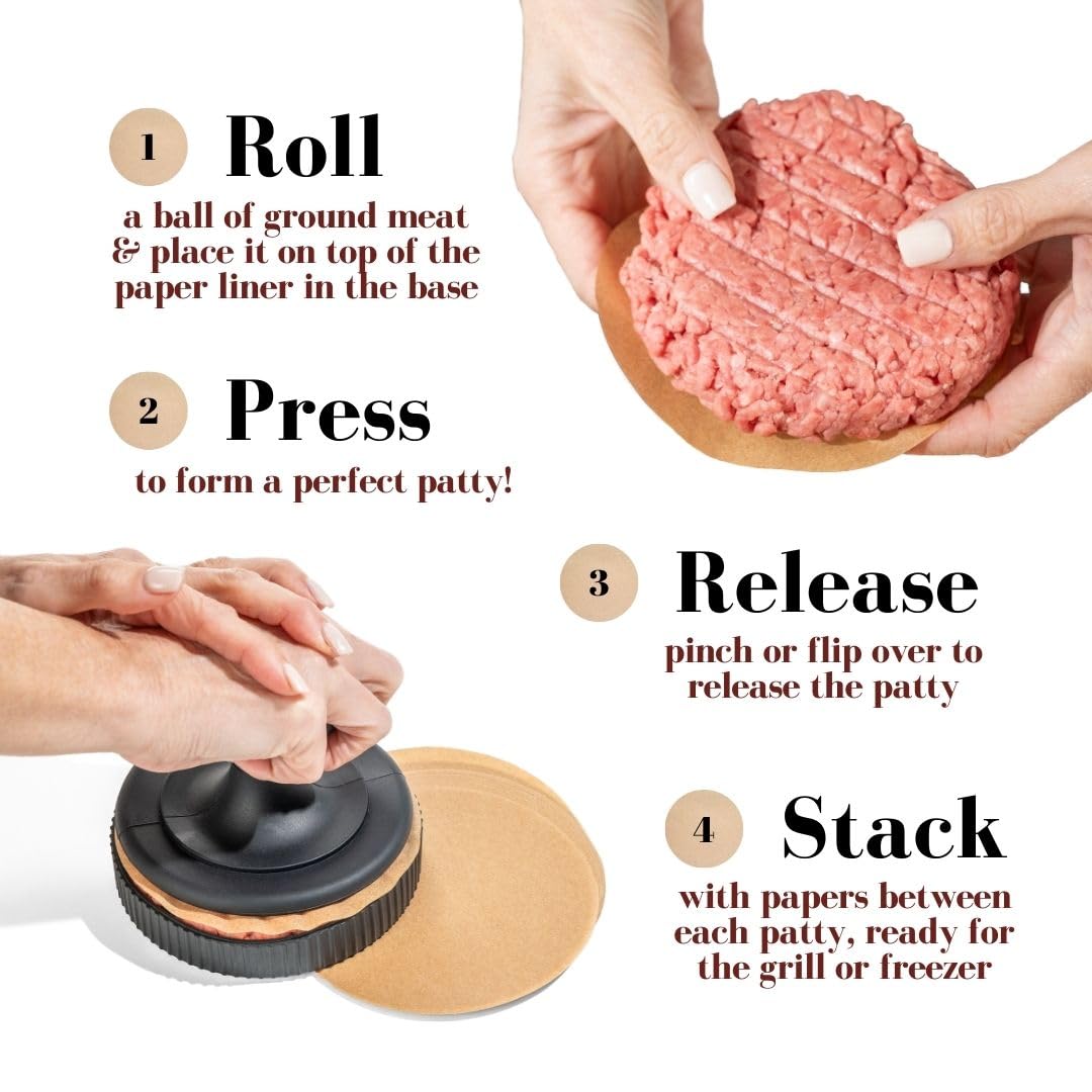 BRAVADIN Hamburger Press Patty Maker 1/3 lb with 100 Papers for 4.5-6" Patties, Non Stick Silicone Burger Mold, Versatile Grill Burger Shaper