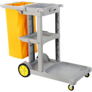 janitorial utility cart - multifunctional 3-tier cleaning cart for apartment buildings, business centers, hotels - waste management trolley - janitor cleaning push cart w/ 25-gal removable trash bag