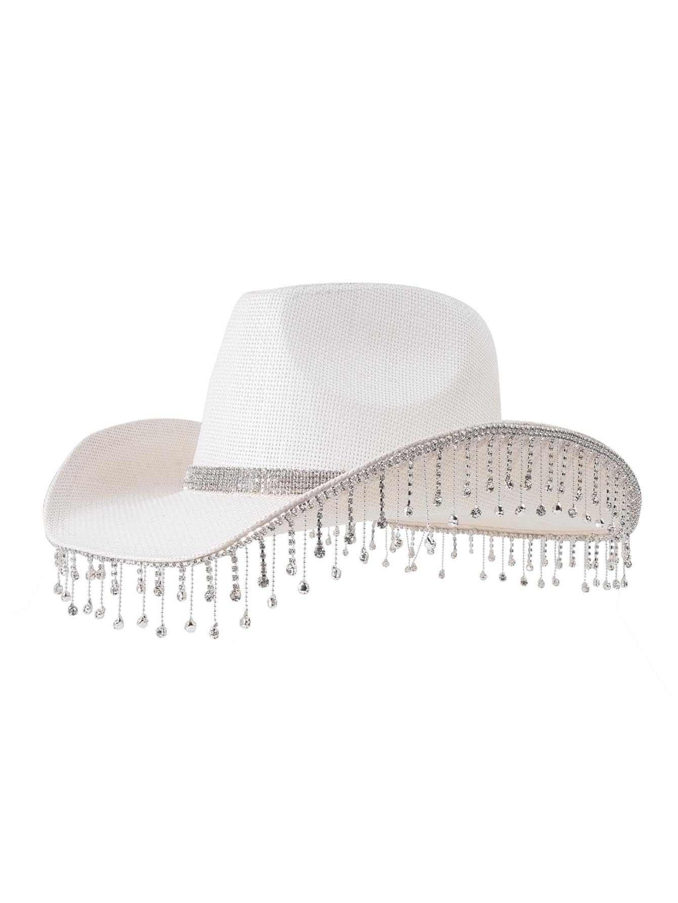 QWINEE Cowboy Hat with Rhinestone Tassel Decor Halloween Cow Fedora Hat Western Cowboy Hat Costume Accessories for Women Men White one-Size