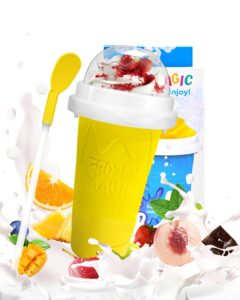 slushy maker cup, diy magic slushy maker squeeze cup, portable smoothie squeeze cup for juices, milk and ice cream make, double layers silica cup with lid & straw for kids, friends, family (yellow)1