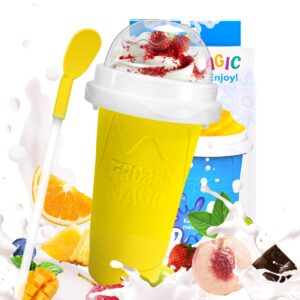 Slushy Maker Cup, DIY Magic Slushy Maker Squeeze Cup, Portable Smoothie Squeeze Cup for Juices, Milk and Ice Cream Make, Double Layers Silica Cup with Lid & Straw for Kids, Friends, Family (Yellow)1