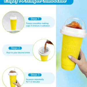 Slushy Maker Cup, DIY Magic Slushy Maker Squeeze Cup, Portable Smoothie Squeeze Cup for Juices, Milk and Ice Cream Make, Double Layers Silica Cup with Lid & Straw for Kids, Friends, Family (Yellow)1