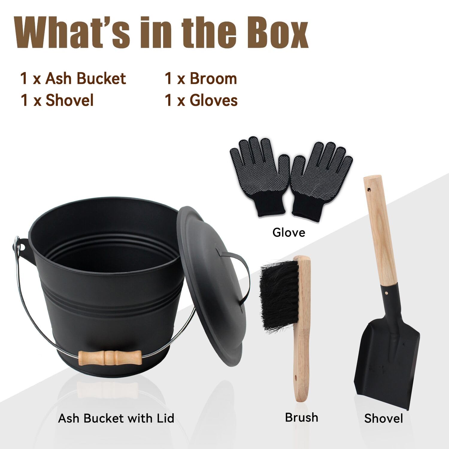 BRIAN & DANY Mini Ash Bucket with Lid and Shovel, 1.5 Gallon Fireplace Bucket with Broom, Coal Bucket Ash Can for Fireplace, Ashes, Fire Pit, Wood Burning Stove