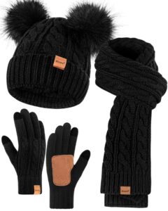 women's winter hat, glove & scarf set - fleece lined beanie with pom pom, touchscreen gloves, knit scarf neck warmer