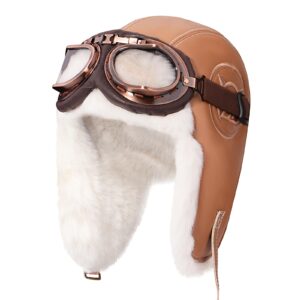 peicees aviator hat with goggles for adult pilot cap vintage goggles costume with fur ear flaps winter trapper hat