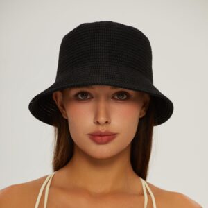 MEINICY Women Mesh Woven Bucket Hat Beach Hat Straw Sun Hat Fashion Foldable Packable Fishing Solid Black Hat for Spring Summer Autumn