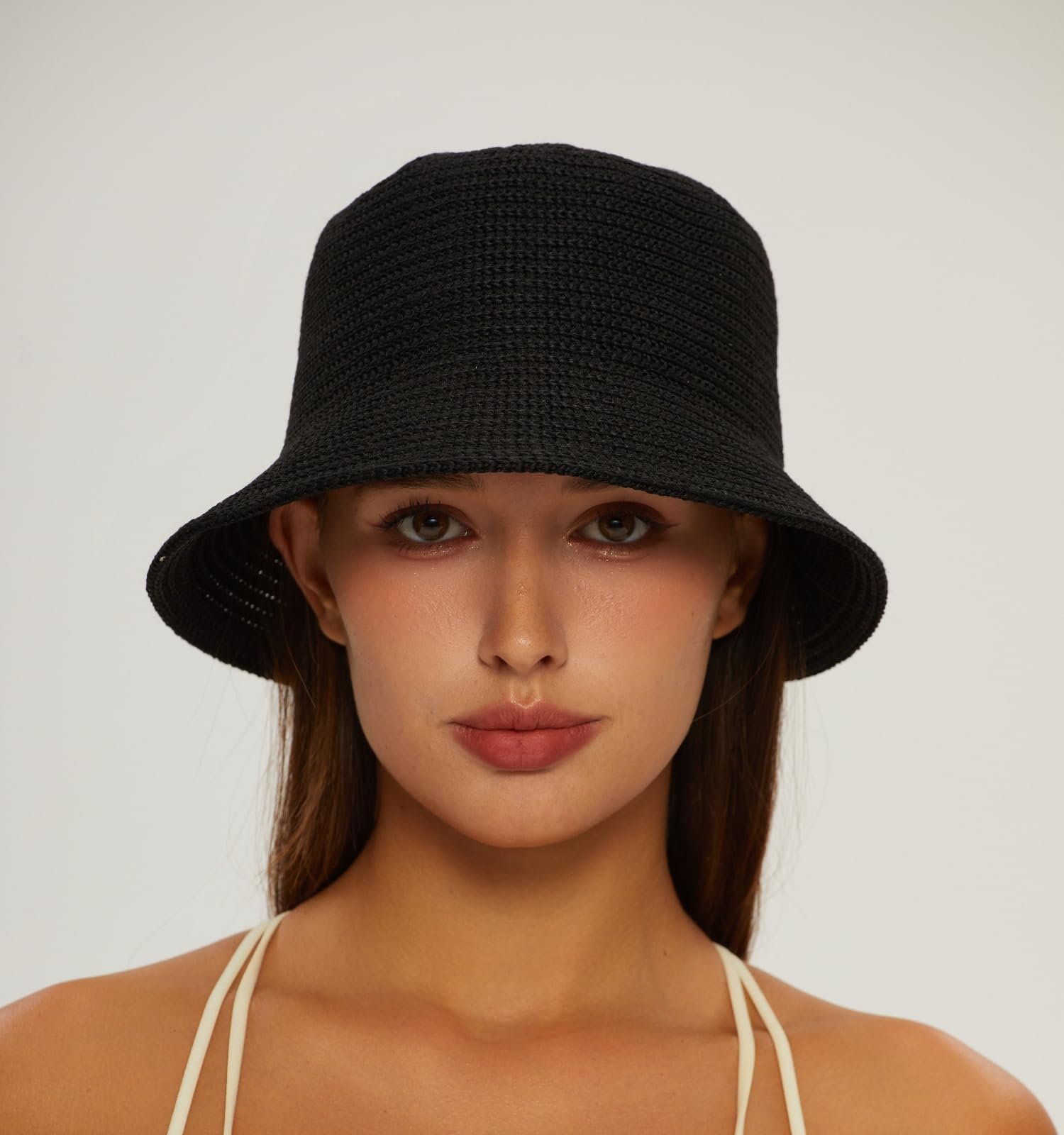 MEINICY Women Mesh Woven Bucket Hat Beach Hat Straw Sun Hat Fashion Foldable Packable Fishing Solid Black Hat for Spring Summer Autumn