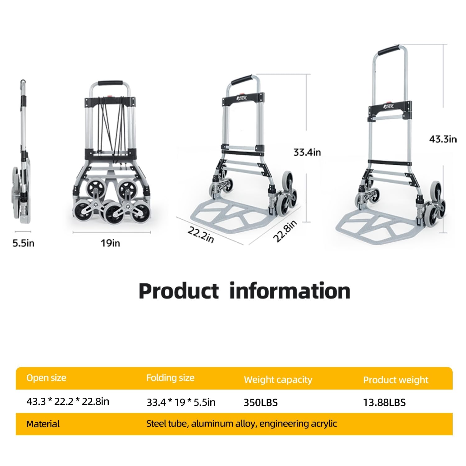 RJTEK 【Upgraded Version】 Heavy-Duty Folding Hand Truck and Dolly 350lb Capacity, Telescoping Handle, Dolly cart, Luggage Trolley Cart,Moving Dolly, Lightweight,with 2 Ropes