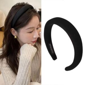 black padded headband for women - wide, simple, soft satin hair hoop for girls and teens, no teeth thick head accessory