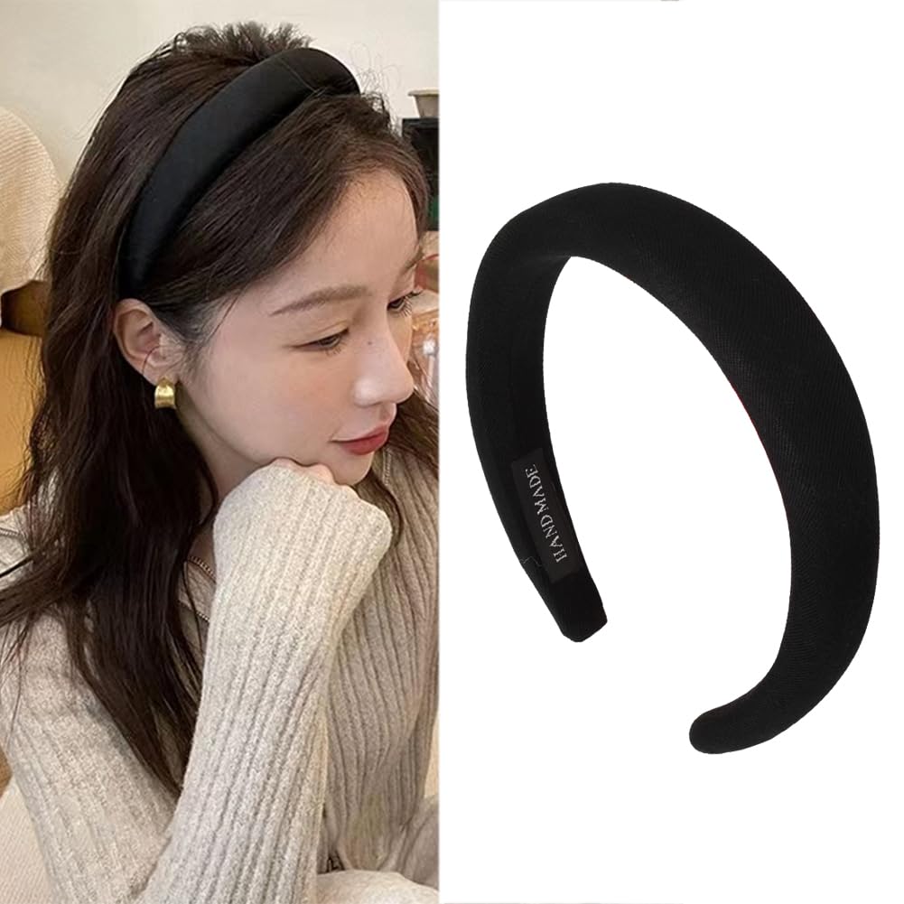 Black Padded Headband for Women - Wide, Simple, Soft Satin Hair Hoop for Girls and Teens, No Teeth Thick Head Accessory