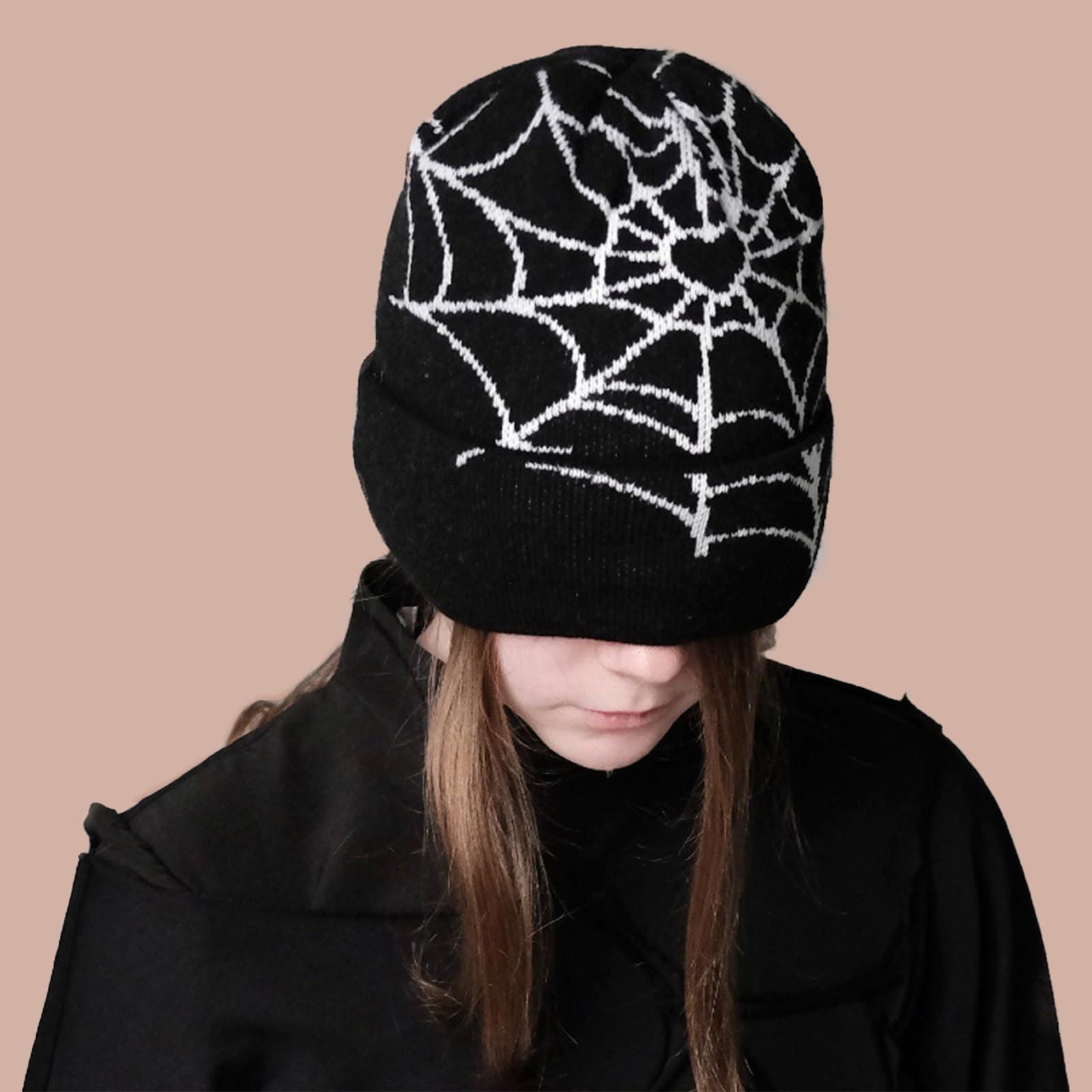 Y2k Beanie Women Beanies Spider Beanie Winter Warm Knit Hat Gothic Beanies Outdoor Black Beanie Spider Web for Men Teenagers (Black & White)