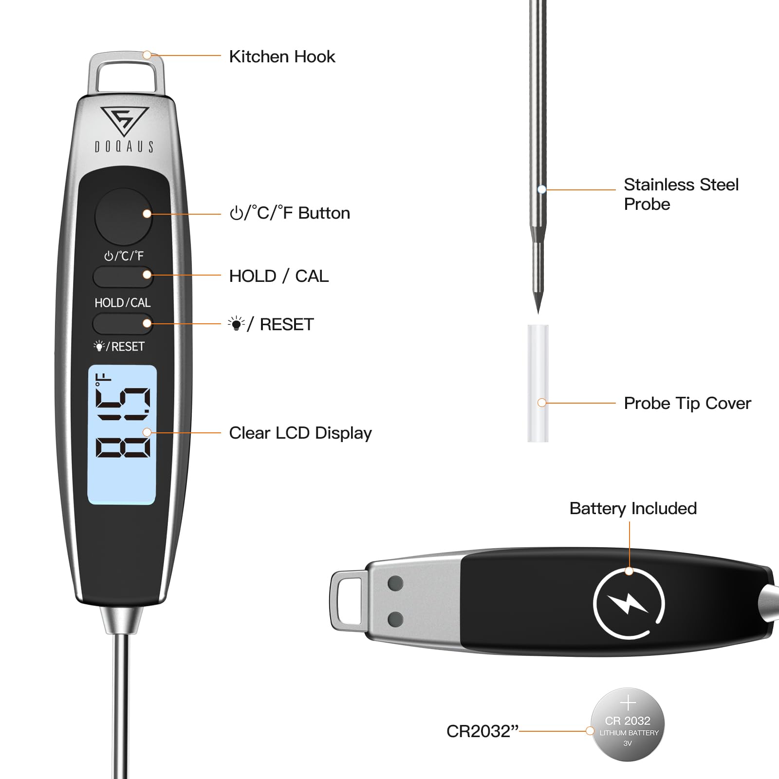 DOQAUS Digital Meat Thermometer, Instant Read Food Thermometer for Cooking Kitchen Candy with Super Long Probe for Turkey Water Grill Smoker Oil Deep Fry