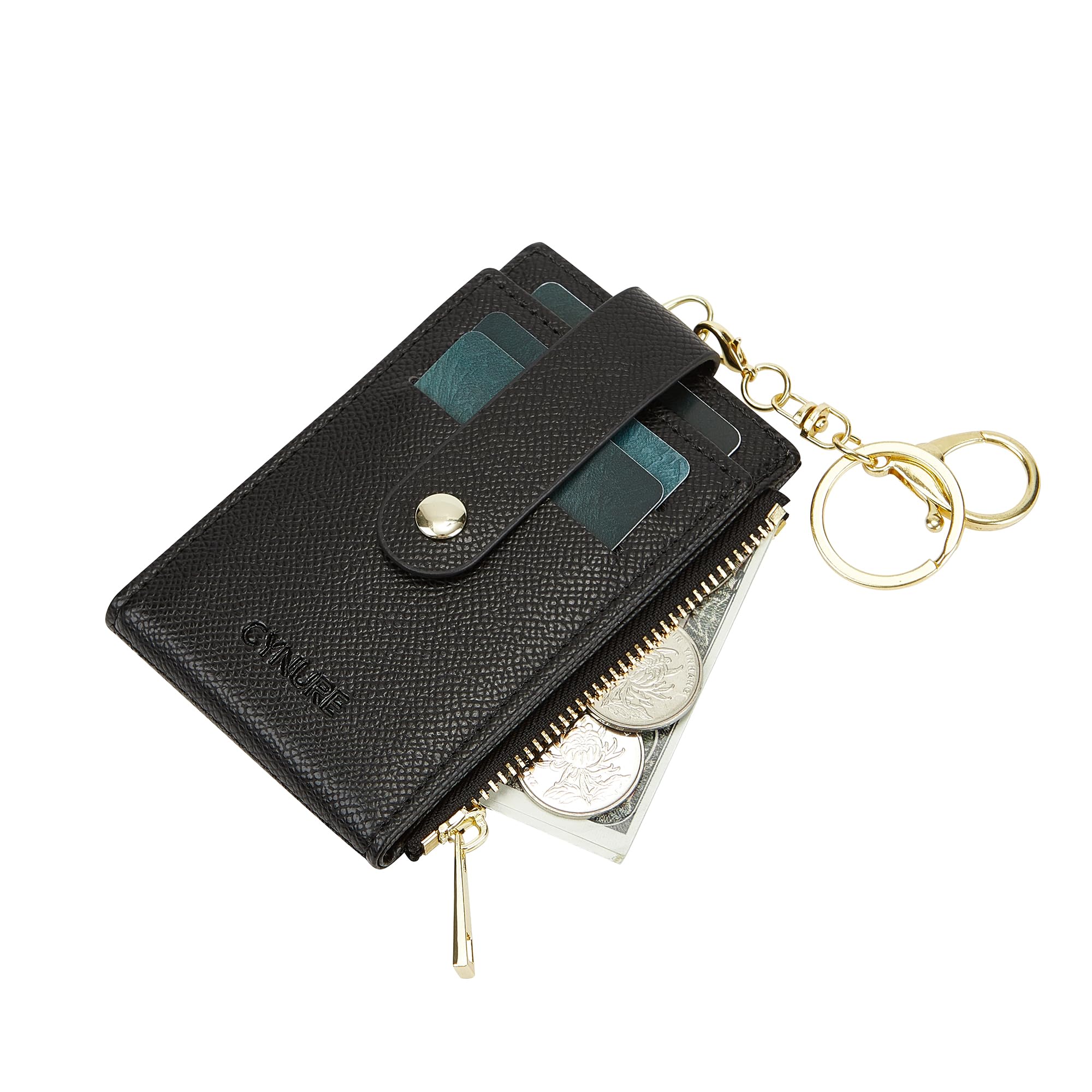 Cynure Women & Men Leather RFID Blocking Card Holder Slim Small Zipper Keychain Front Pocket Wallet with 2 ID Window, black