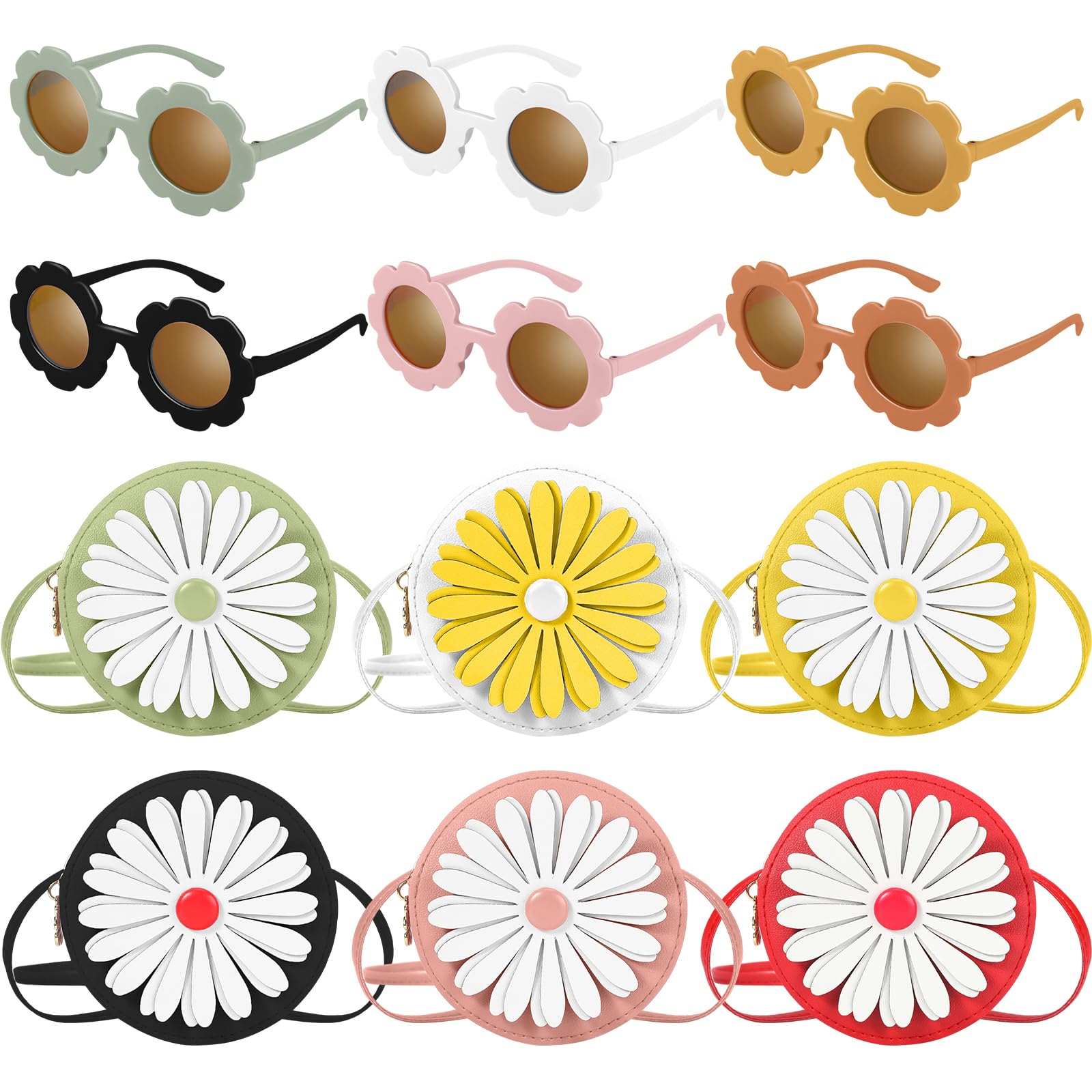 Paterr 12 Pcs Round Flower Sunglasses for Woman Daisy Flower Shaped Cute Princess Glasses Purse Set Outdoor Beach Women Gift(Daisy)