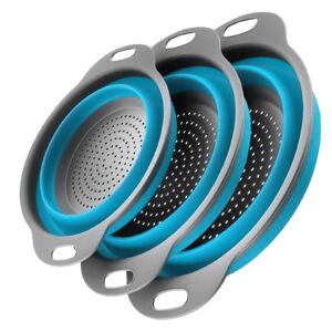 collapsible colander set of 3 - heat resistant washing and draining of vegetables fruits pasta - perfect for kitchen and travel use (3pcs-blue)