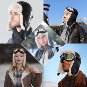 Peicees Aviator Hat with Goggles for Adult Pilot Cap Vintage Goggles Costume with Fur Ear Flaps Winter Trapper Hat