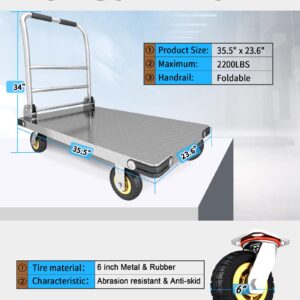 Platform Truck cart, Flatbed cart, 2200 pounds.with 6-inch Rotating Wheels Large Platform Suitable for Grocery Stores, garages, Offices, Storage Rooms (Silver) (35.4x23.6 inch)