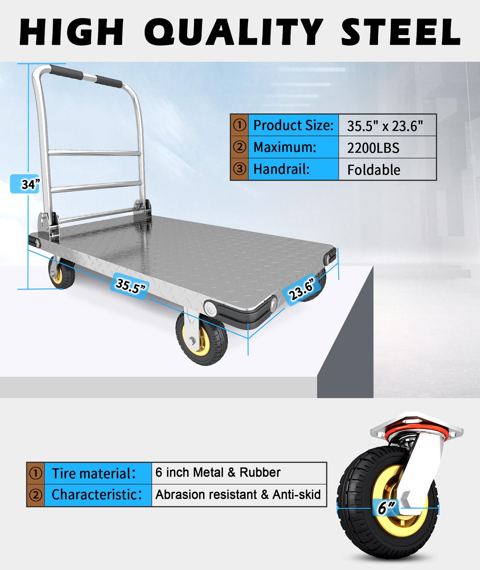 Platform Truck cart, Flatbed cart, 2200 pounds.with 6-inch Rotating Wheels Large Platform Suitable for Grocery Stores, garages, Offices, Storage Rooms (Silver) (35.4x23.6 inch)