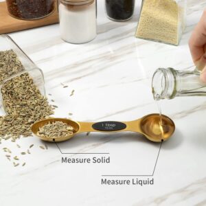 TLQSM Magnetic Measuring Spoons Set, Stainless Steel, Dual Sided, Stackable, Dual Sided for Measuring Dry and Liquid Ingredients, Fits in Spice Jars, Set of 8（Gold ）