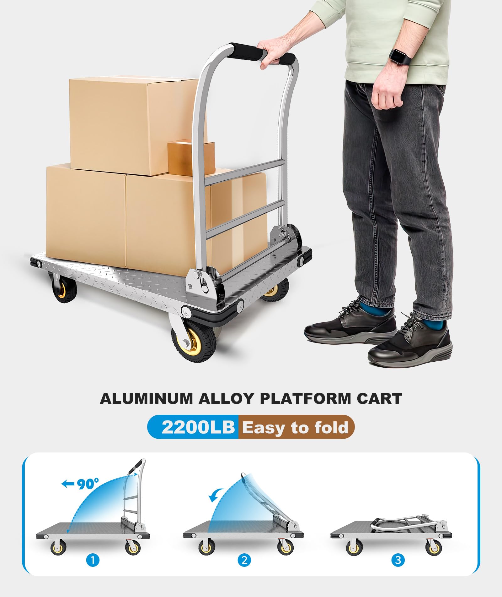 Platform Truck cart, Flatbed cart, 2200 pounds.with 6-inch Rotating Wheels Large Platform Suitable for Grocery Stores, garages, Offices, Storage Rooms (Silver) (35.4x23.6 inch)