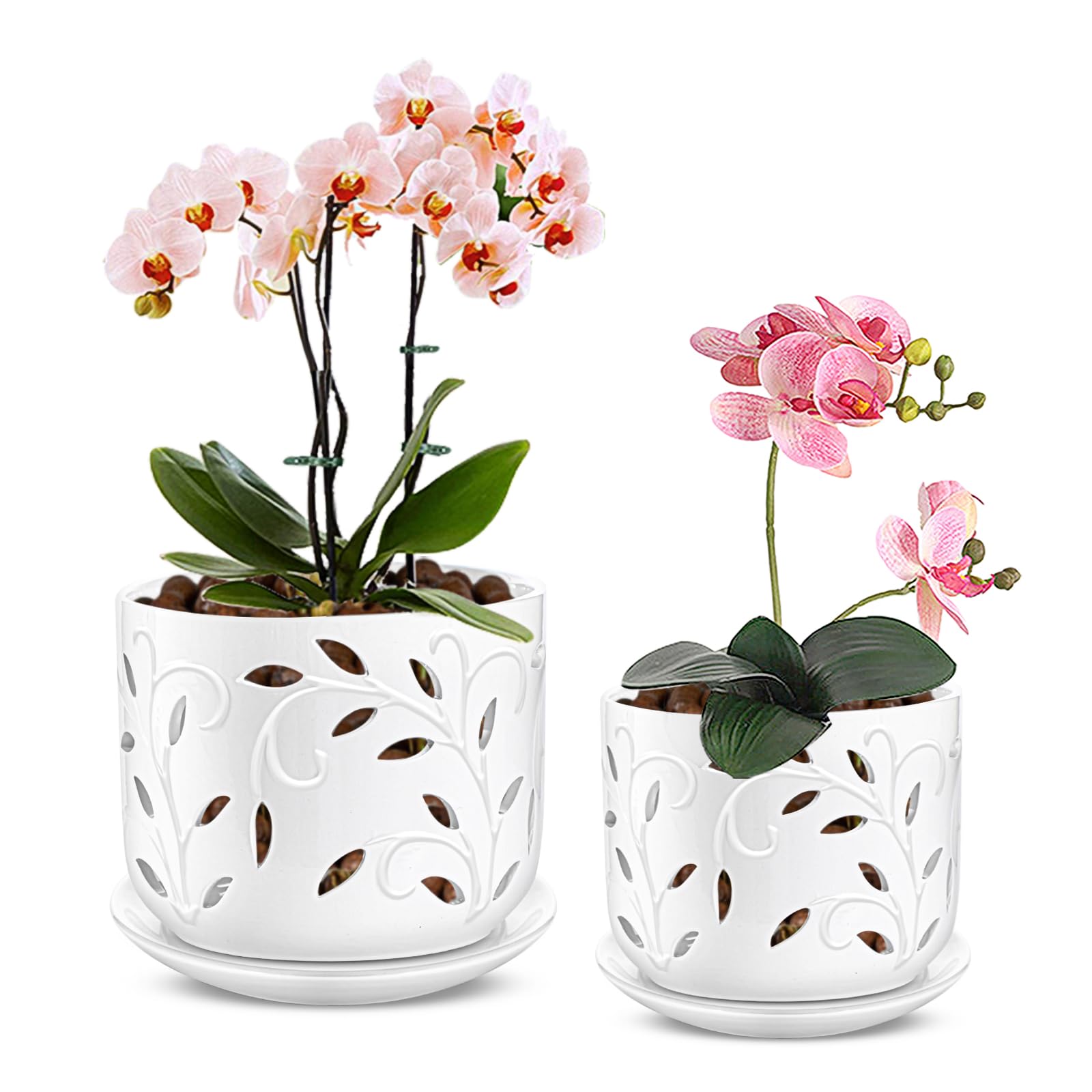 EFISPSS Orchid Pot with Holes, 5+6Inch Ceramic Plant Pots with Drainage Holes and Tray, Promoting Air Circulation and Drainage, Indoor/Outdoor White Flower Pots