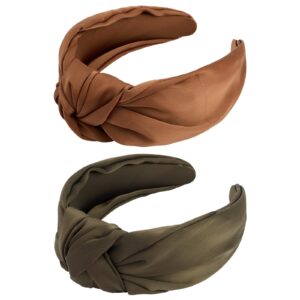 velscrun 2 pack satin wide knotted headbands - brown elastic turbans, non-slip silk hair styling accessories for women, sisters, girls, gifts