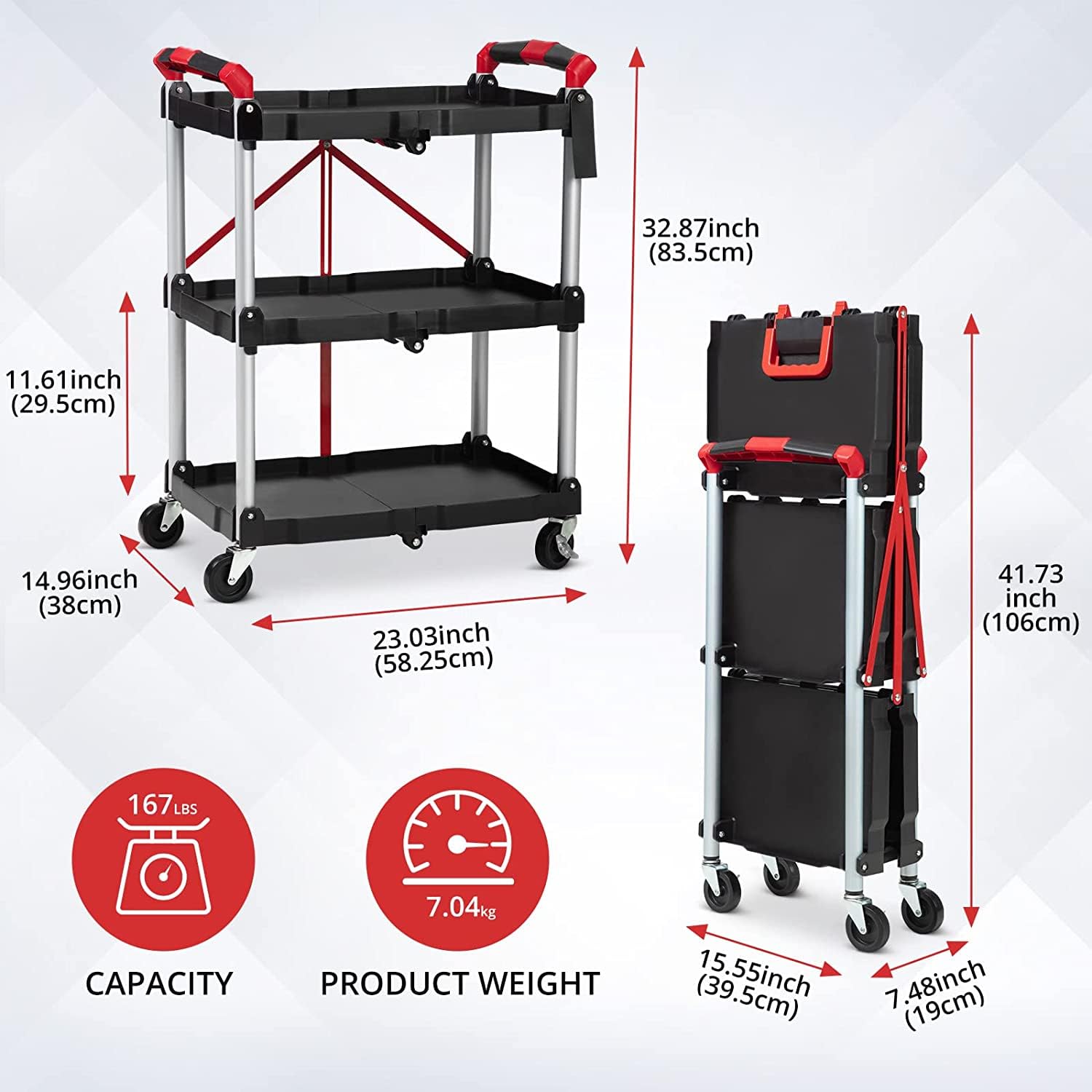 PioneerWorks 3-Tier Folding Service Cart, 56 Lbs Load Capacity, 360-Degree Wheels, Black